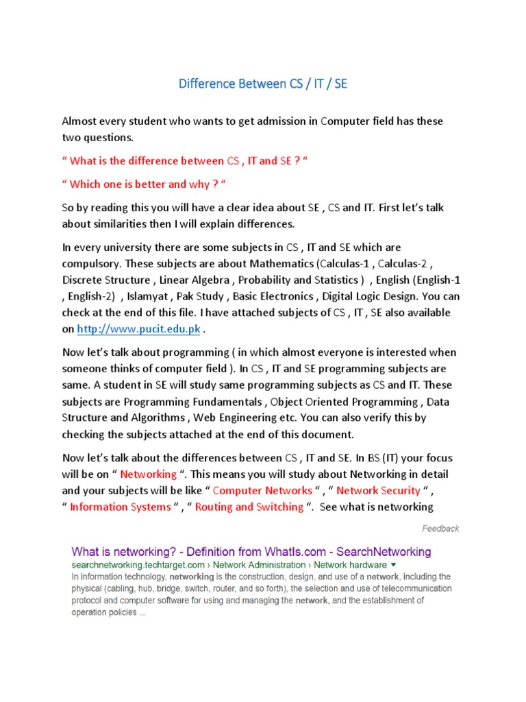 CS, IT, and SE: Key Differences Explained | PDF | Computer Science ...