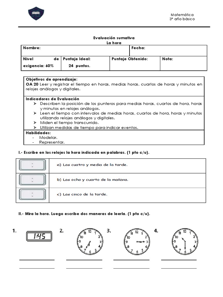 Evaluación de la Hora 3° Básico | PDF | Hora