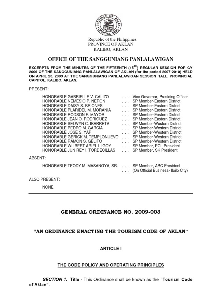 An Ordinance Enacting the Tourism Code of Aklan | Tourism | Sustainability An Ordinance Enacting the Tourism Code of Aklan | Tourism | Sustainability