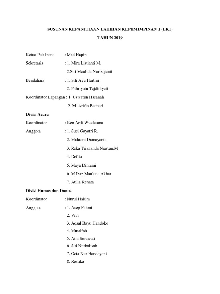 Susunan Kepanitiaan Latihan Kepemimpinan 1 | PDF
