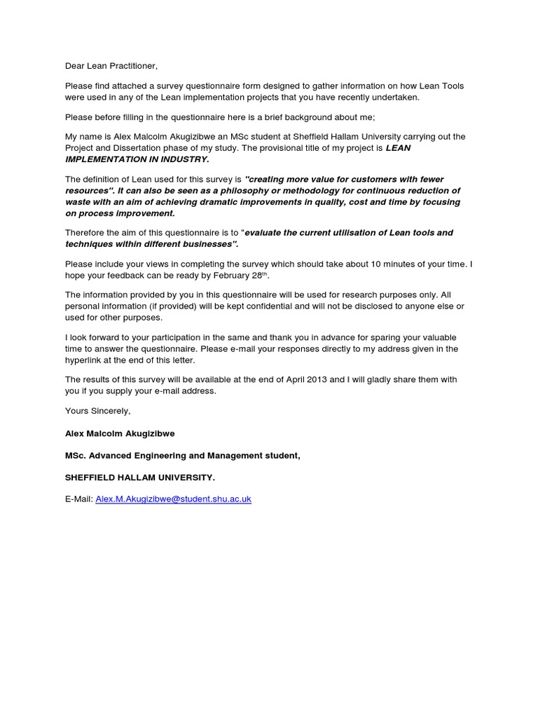 Lean Survey - Alex Malcolm Akugizibwe | PDF | Lean Manufacturing ...
