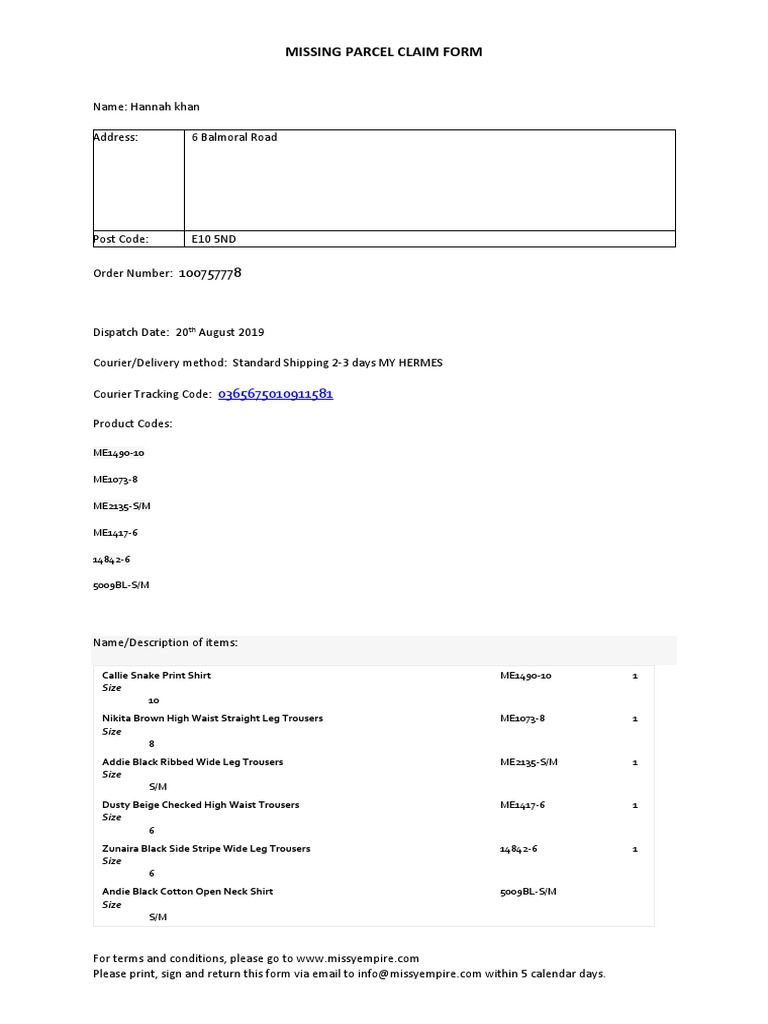 Lost Parcel Form | PDF | Courier | Mail