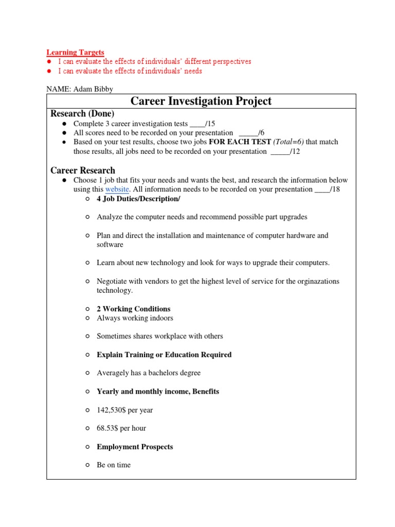 Adam Bibby Facs-Career Investigation Project | PDF | Employment ...