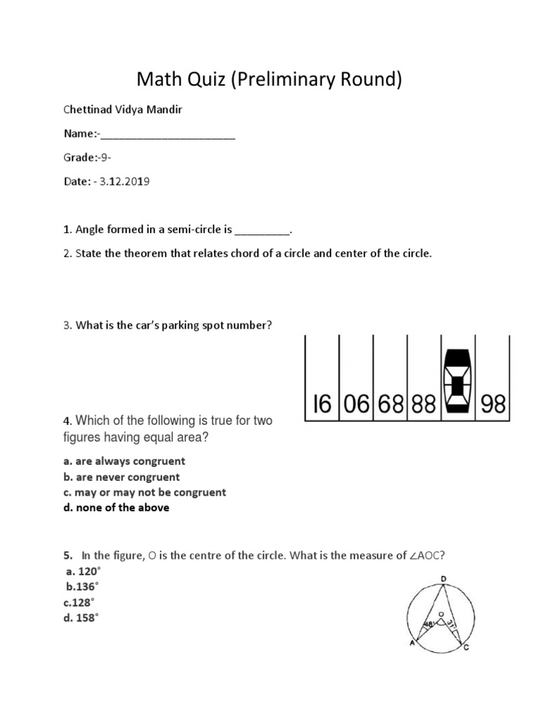 Math Quiz Grade 9 | PDF