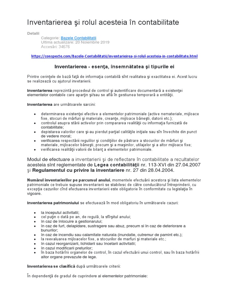 Inventarierea Şi Rolul Acesteia În Contabilitate | PDF