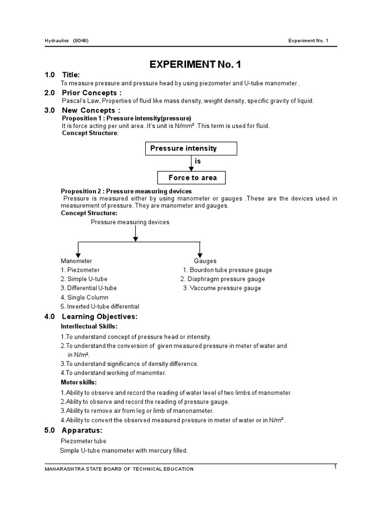 9049 - Exp1 - Piezometer and U-Tube Manometer | PDF | Pressure ...