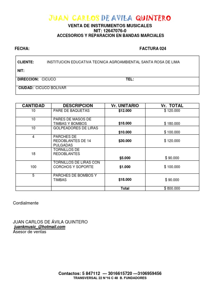 Cotización para la venta de uniformes escolares para banda marcial ...