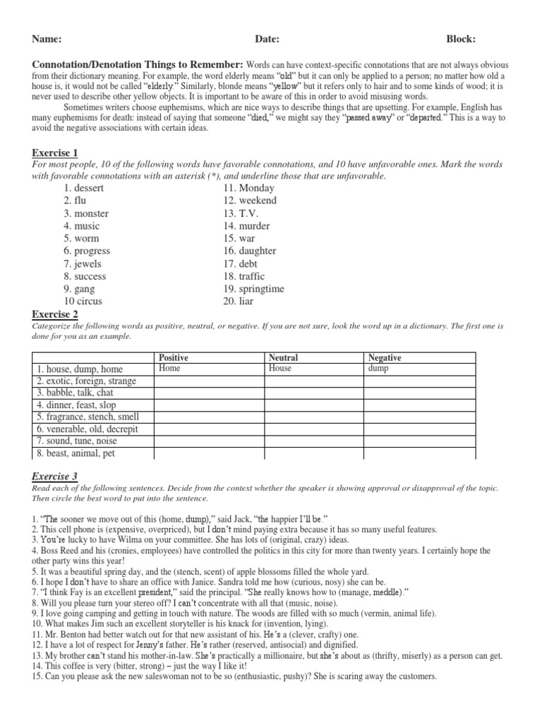 Connotation Denotation in Class Worksheet | PDF | Violence | Unrest