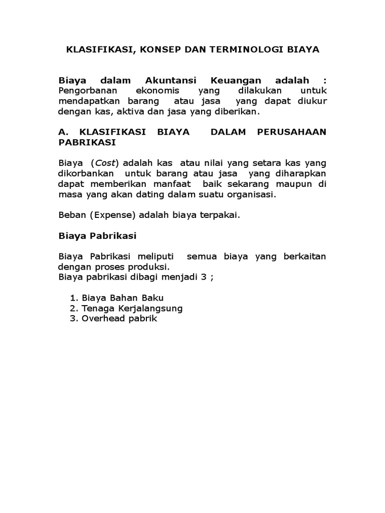 Klasifikasi Biaya dalam Akuntansi | PDF