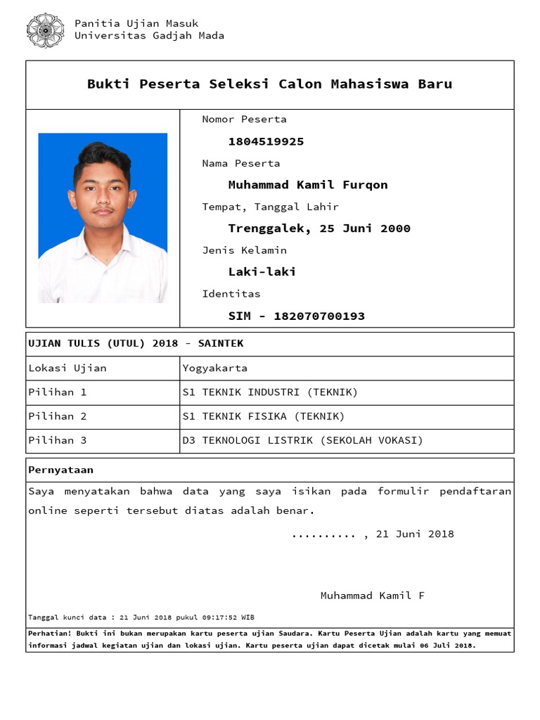 Kartu Peserta Utul Ugm | PDF