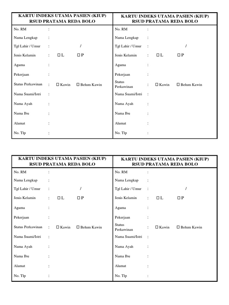 Kartu Indeks Utama Pasien (KIUP) RSUD Reda Bolo | PDF | Agama & Spiritualitas