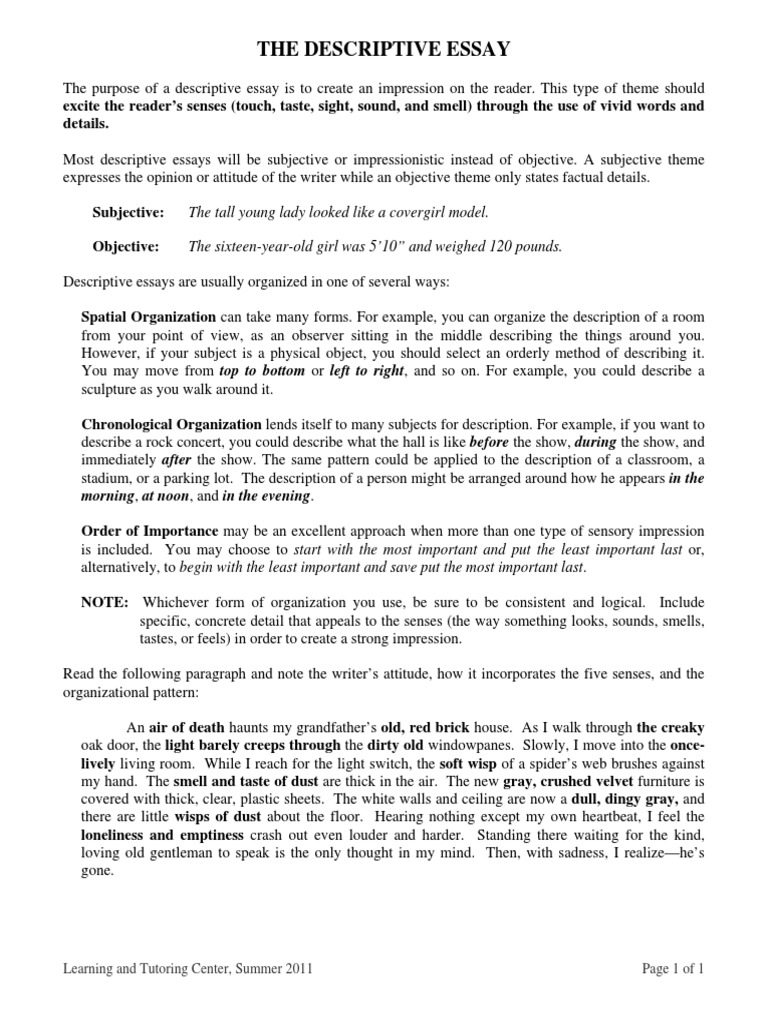 Printable Descriptive Essay Sample | PDF | Essays | Psychological Concepts