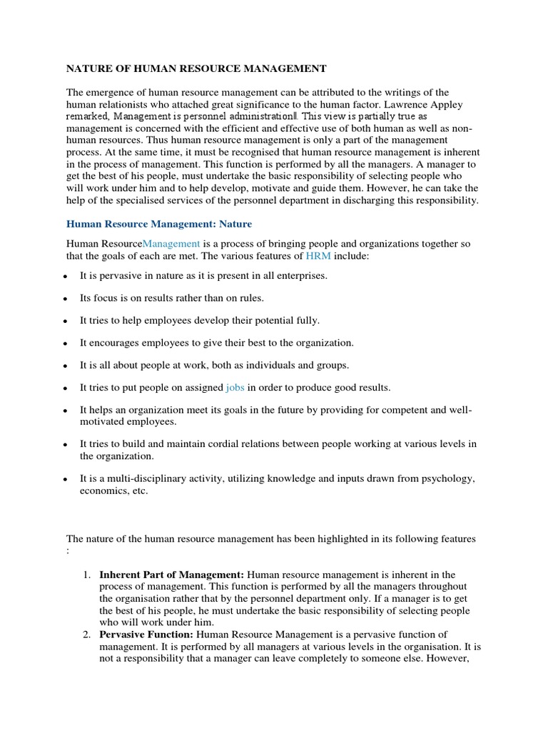Nature of Human Resource Management | PDF | Employment | Human Resource ...