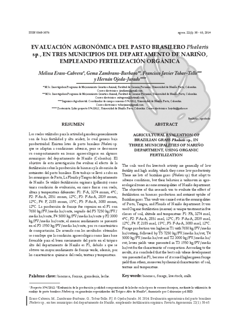 Evaluación del rendimiento y absorción de nutrientes del pasto ...