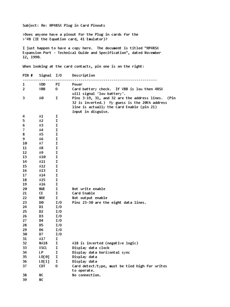 48SX Expansion Port Pinouts | PDF | Input/Output | Computer Hardware