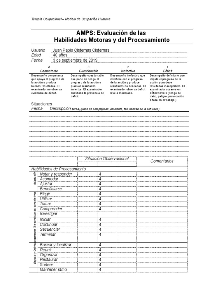 Evaluación de las habilidades motoras y del procesamiento ocupacional ...