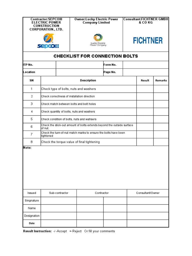 Check List For Connection Bolts | PDF