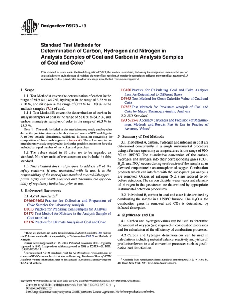 ASTM D 5373 13 CHN in Coal and Coke 3 | PDF | Carbon | Coal