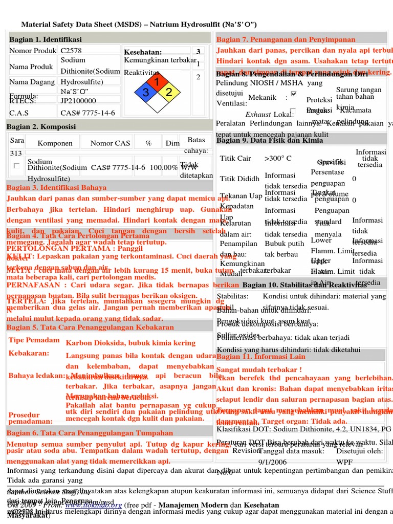 MSDS - Natrium Hydrosulfit (Na2SO3) | PDF