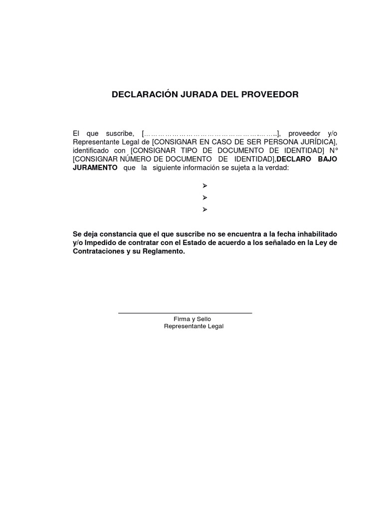 Declaración Jurada Del Proveedor | PDF