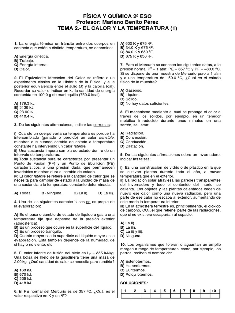 El Calor y La Temperatura. TEST. | Descargar gratis PDF | Calor | Celsius