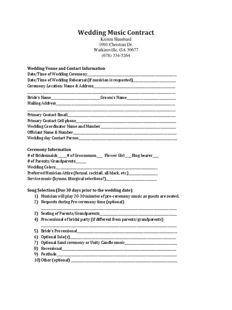 Wedding Musician Contract | PDF | Wedding | Bride