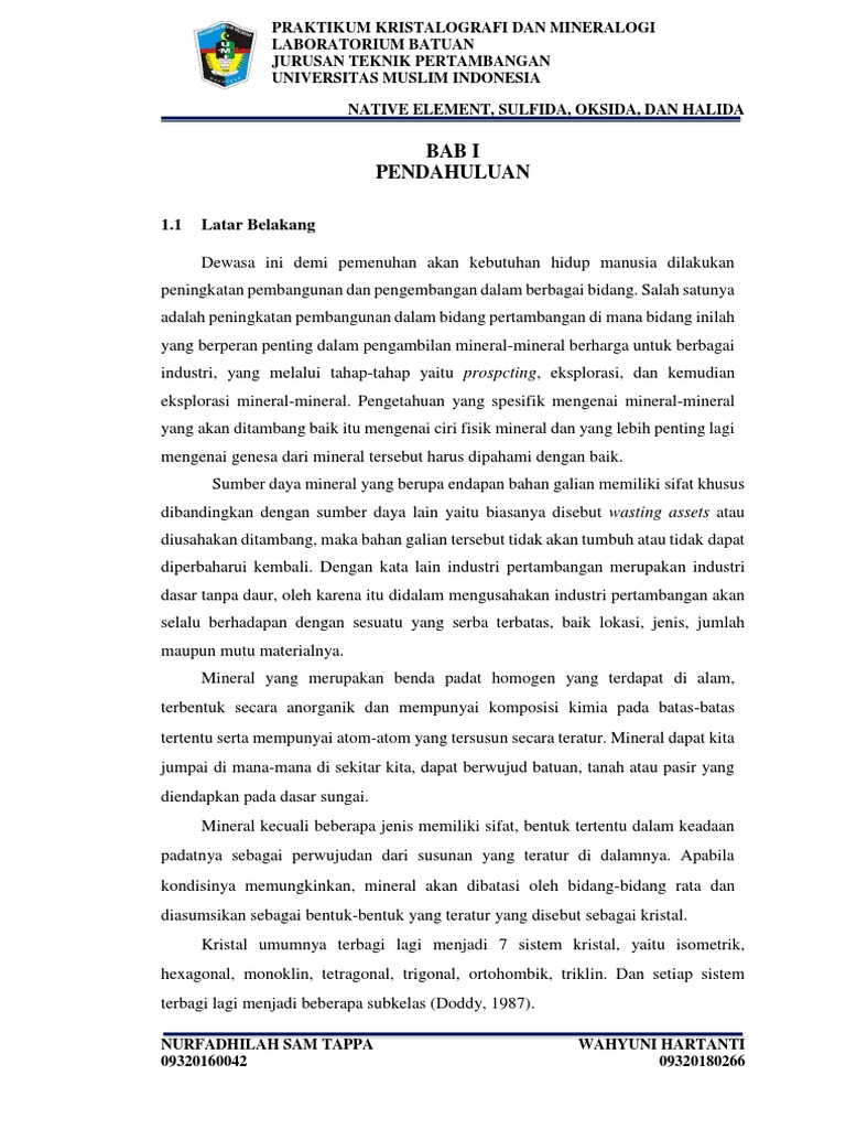 Laporan Kristalografi Dan Mineralogi (Native Element, Oksida, Sulfida, Dan Halida) | PDF