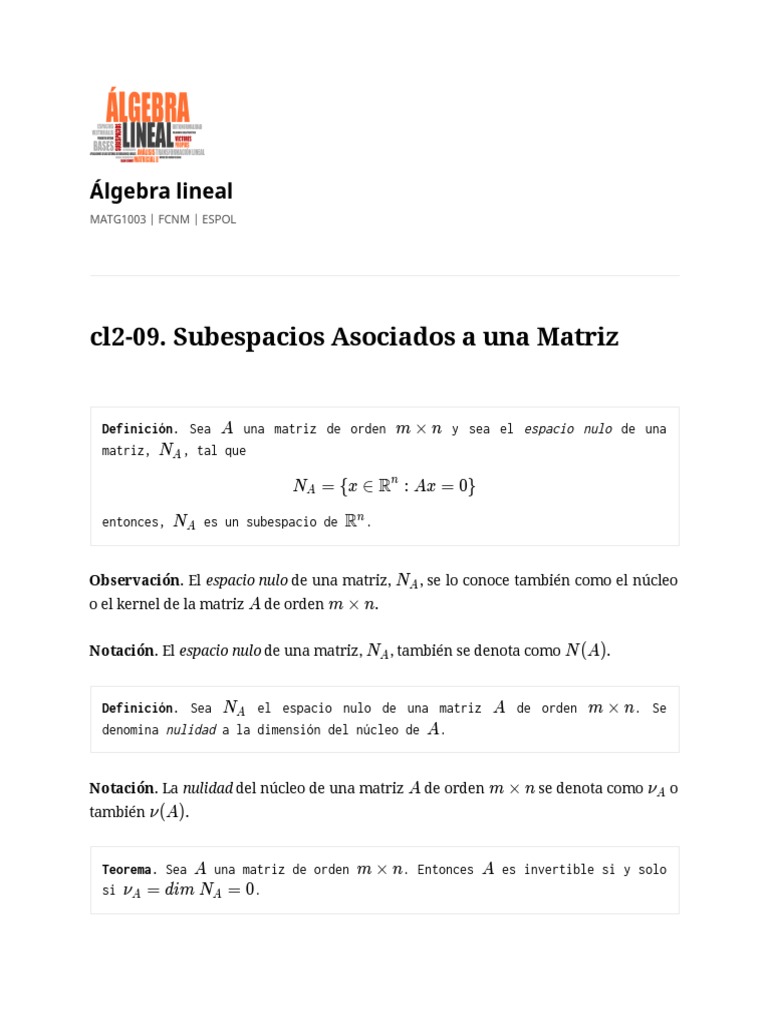 Cl2-09. Subespacios Asociados A Una Matriz - Álgebra Lineal | PDF ...