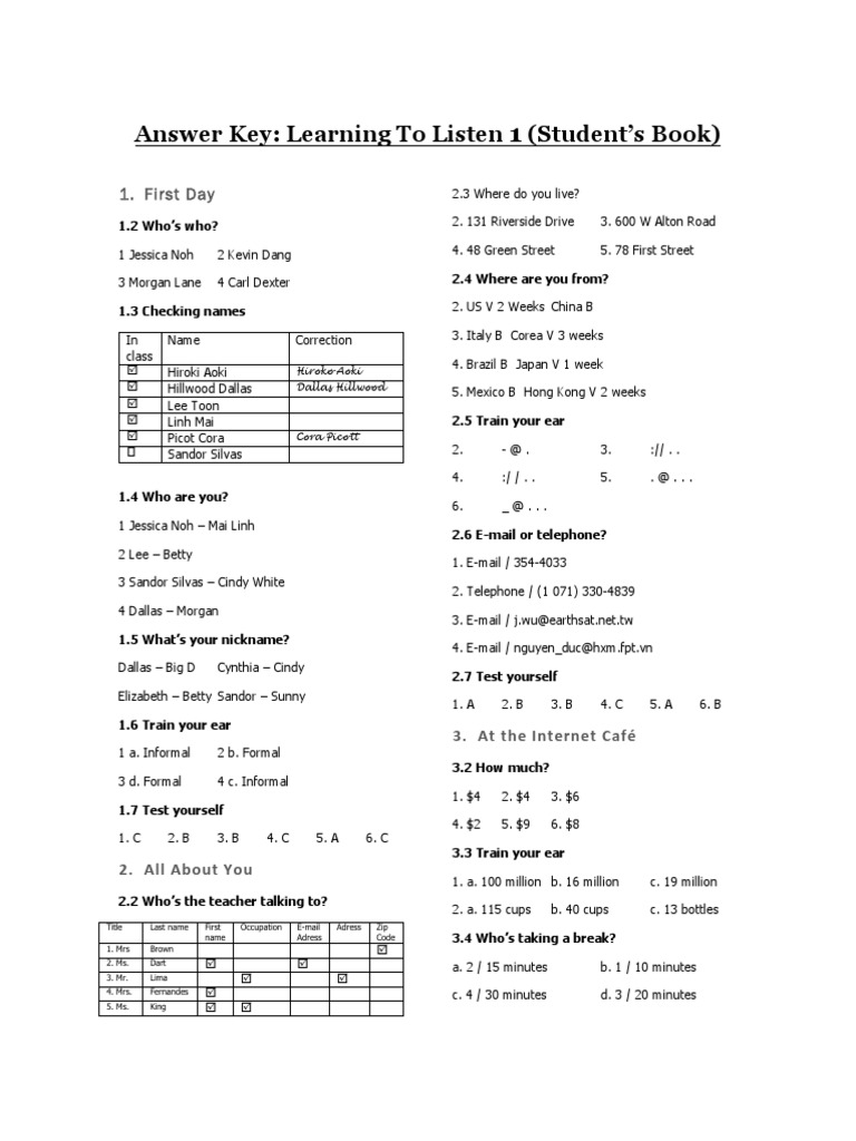 Answer Key Learning To Listen 1 | PDF | Salad | Food And Drink