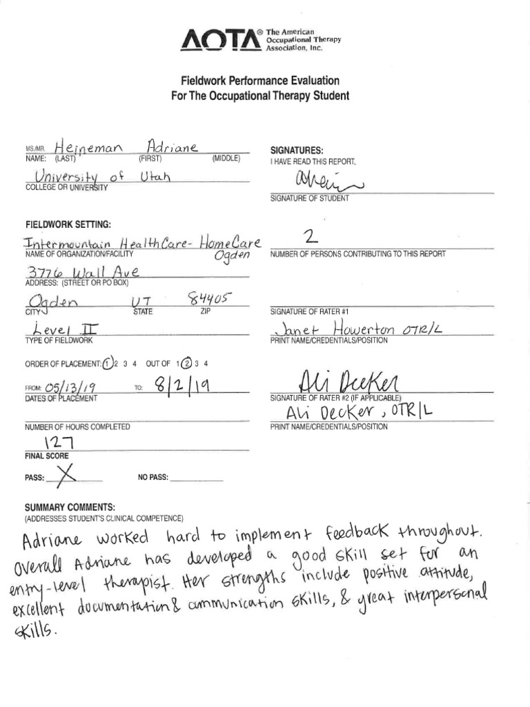 Aota Fieldwork Performance Evaluation | PDF