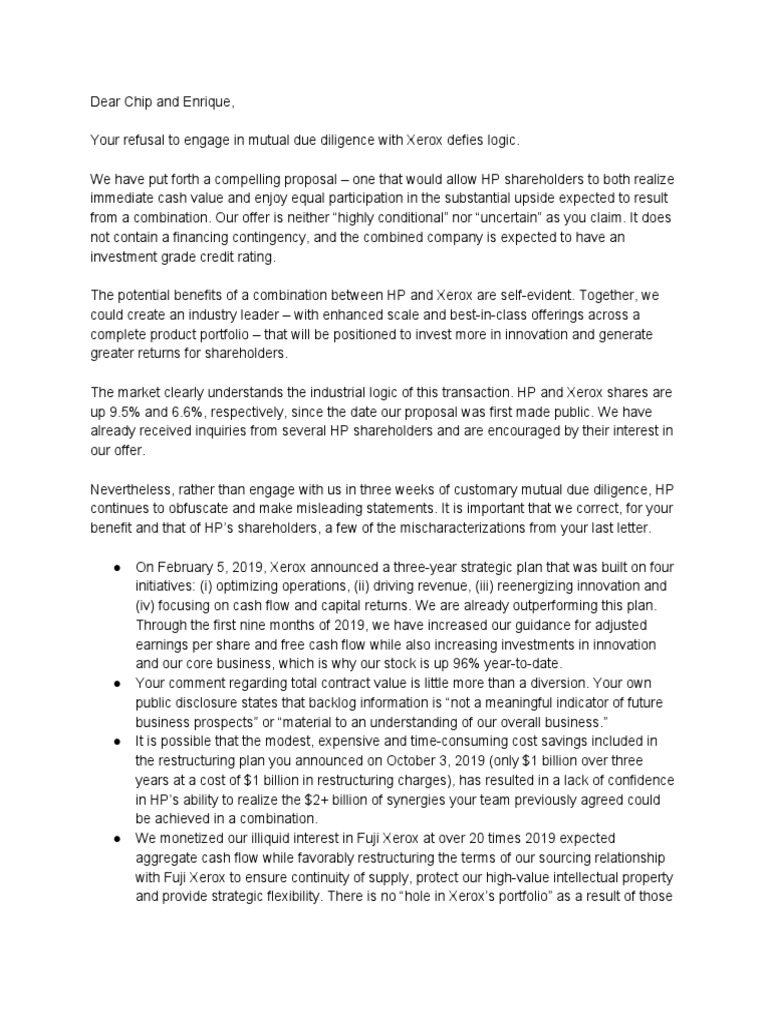 Xerox hostile takeover letter | Corporations | Investing