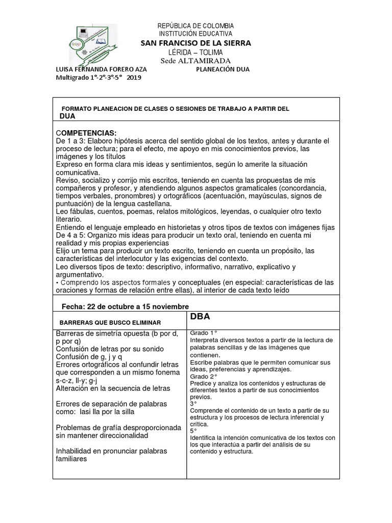 Formato Planeación de Clases o Sesiones de Trabajo A Partir Del Dua | PDF | Escritura | Aprendizaje