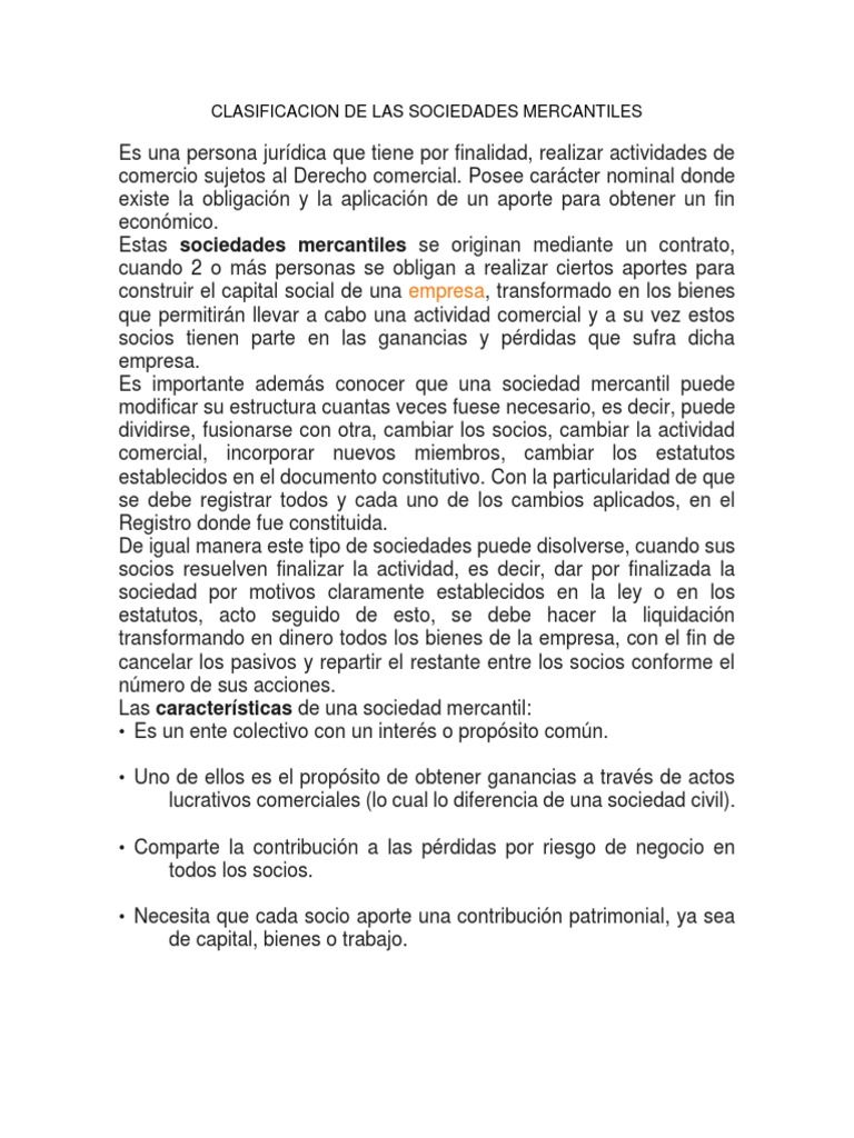 Clasificacion de Las Sociedades Mercantiles | PDF | Sociedad de responsabilidad limitada ...