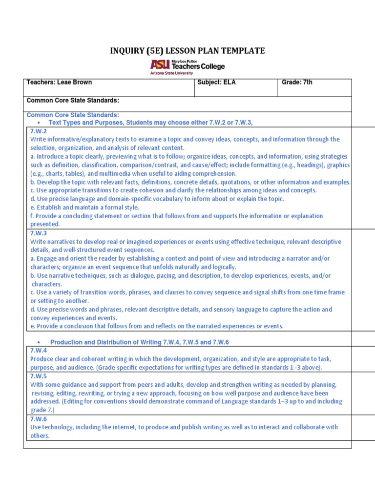 Inquiry 5e Lesson Plan Betaylor | PDF | Reading Comprehension | Question