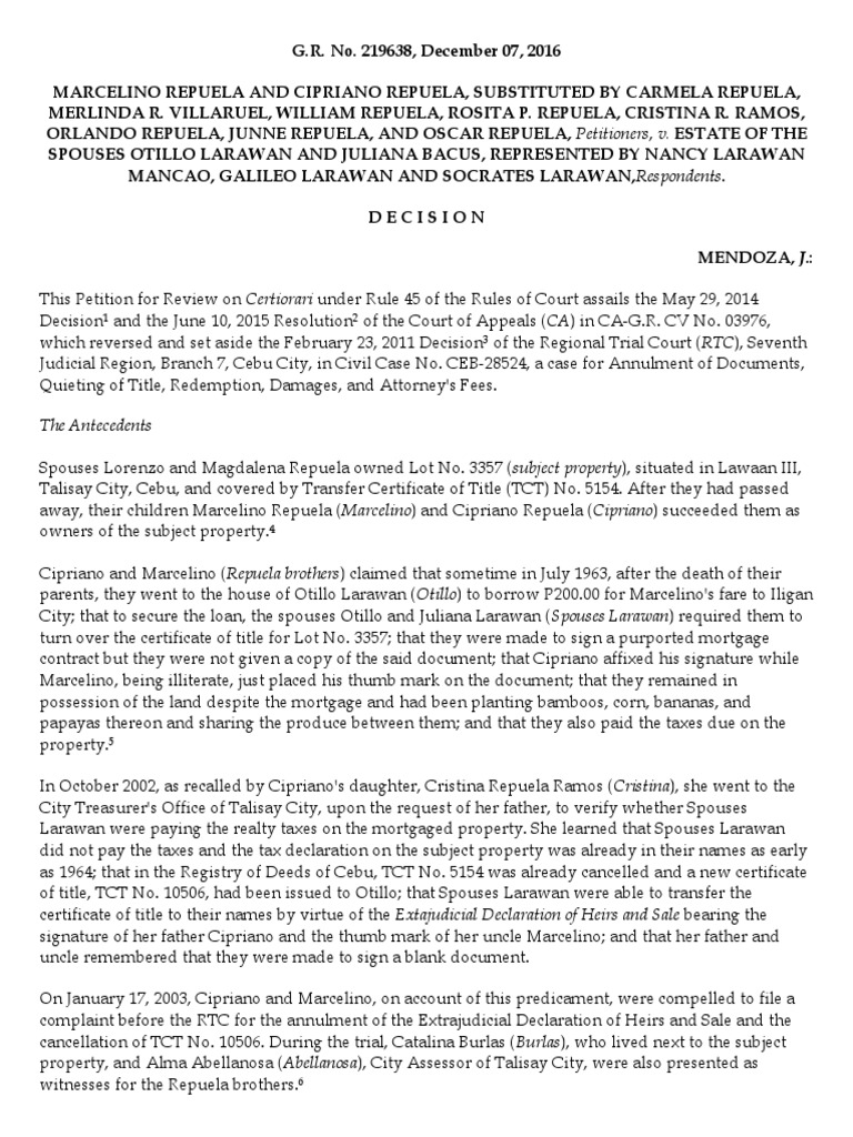 Repuela Vs Estate of Sps. Larawan | PDF | Mortgage Law | Conveyancing