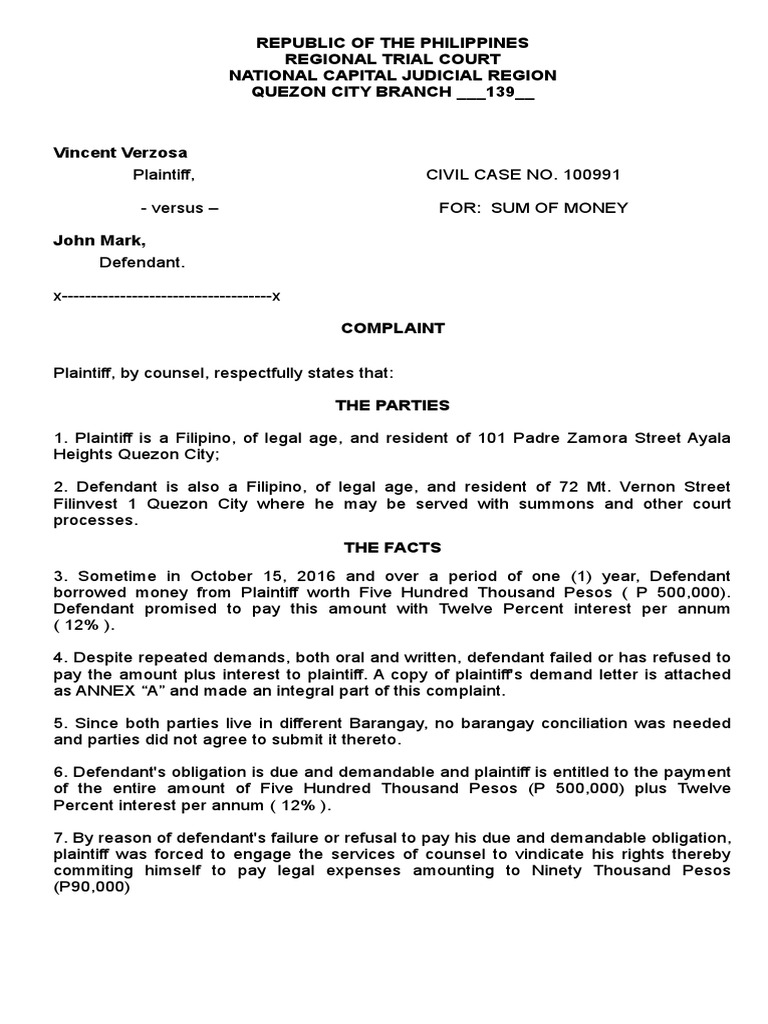 Complaint For Sum of Money | PDF | Lawsuit | Complaint