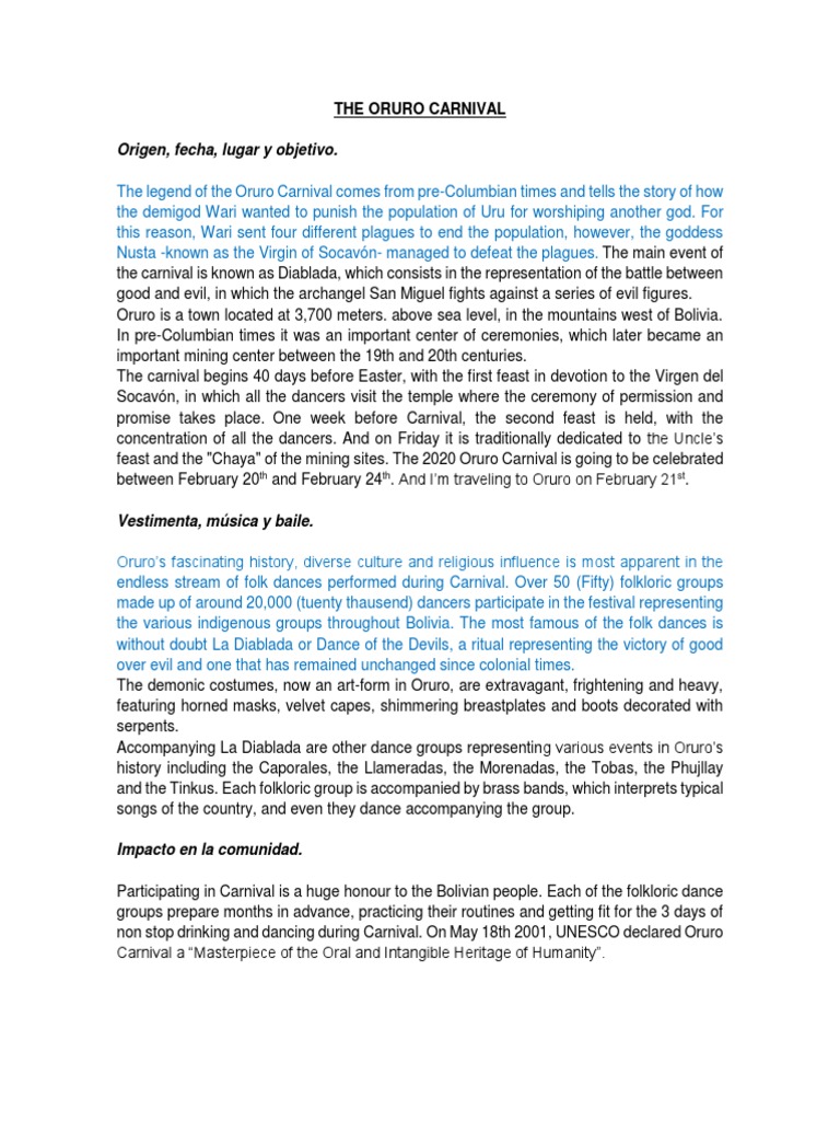 Oruro Carnival: History & Traditions | PDF | Carnival