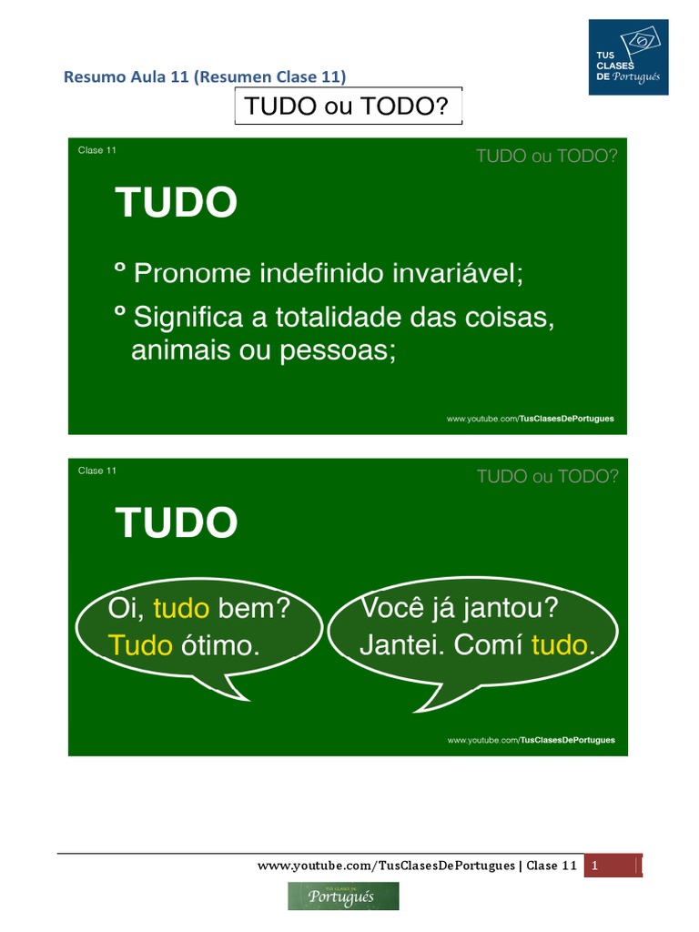 Diferencias entre "tudo" y "todo" en portugués | PDF
