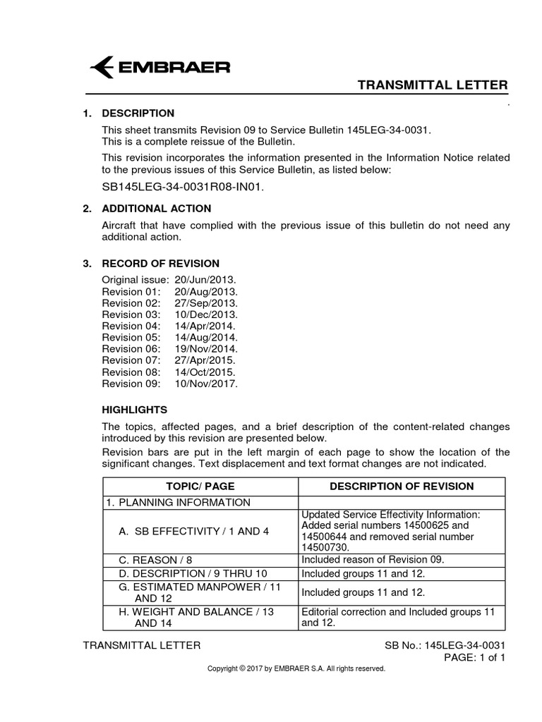 Service Bulletin Embraer | PDF