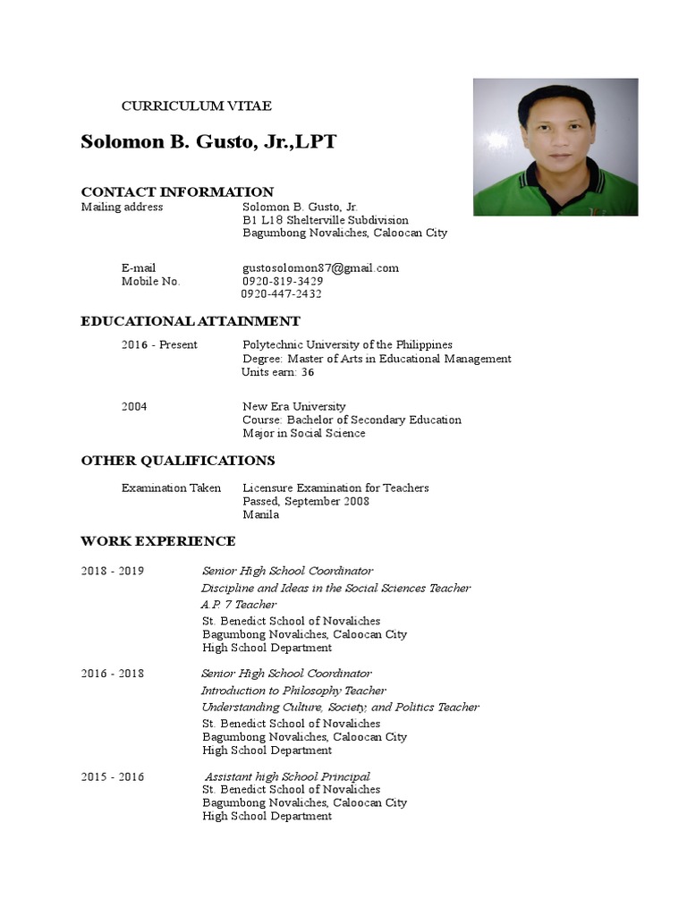 Sol CV | PDF | Philippines | Teachers