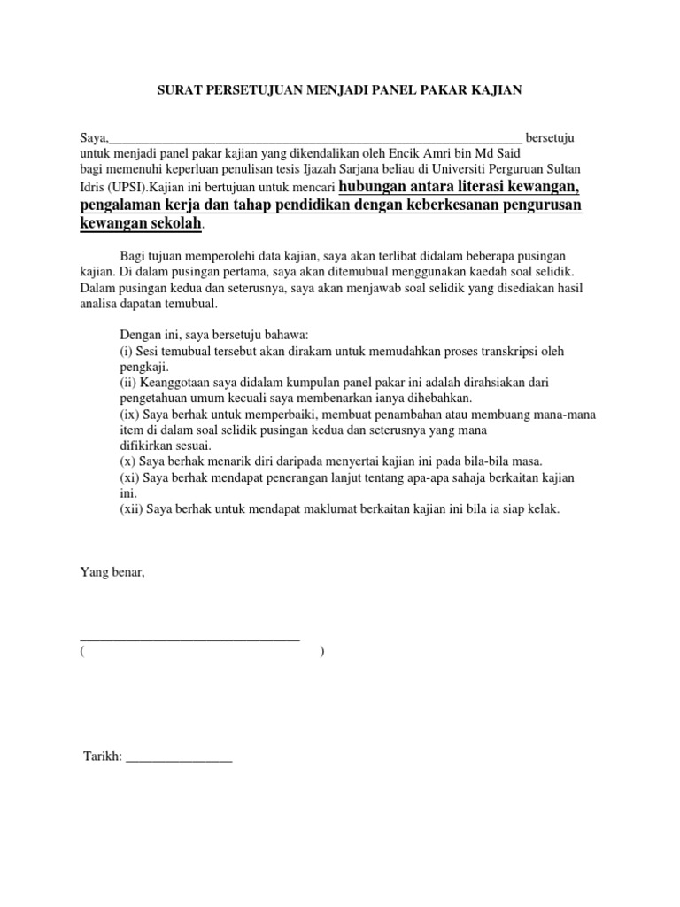Surat Persetujuan Menjadi Panel Pakar Kajian | PDF