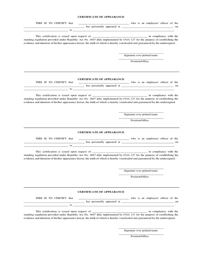 Certificate of Appearance Template | PDF | Government Information ...