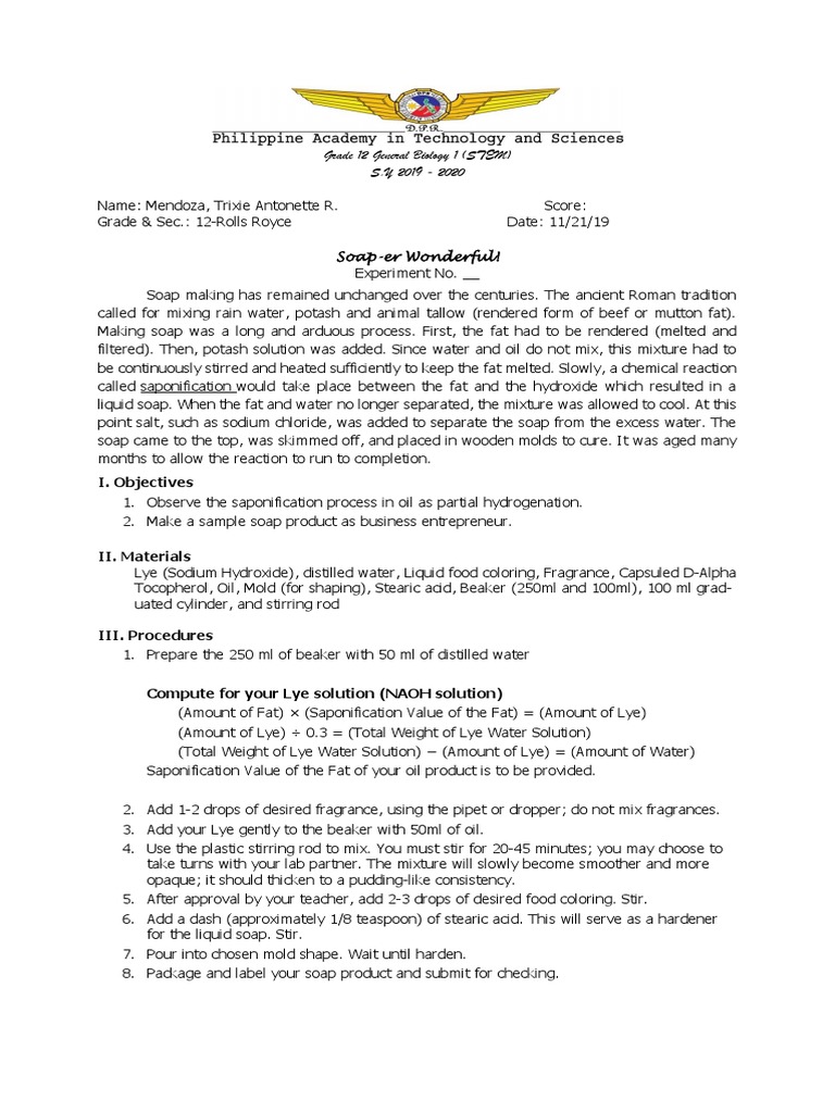 Soap Making Experiment Guide | PDF | Sodium Hydroxide | Soap