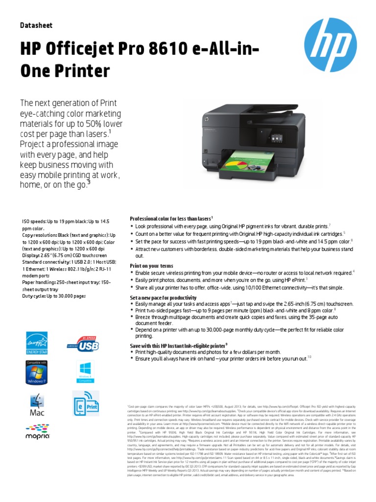 HP OfficeJet Pro 8600 Datasheet | PDF | Printer (Computing) | Windows ...