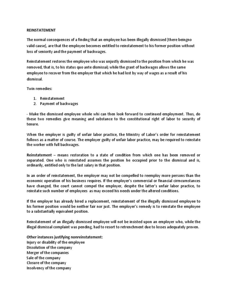 Reinstatement | PDF | Employment | Piercing The Corporate Veil