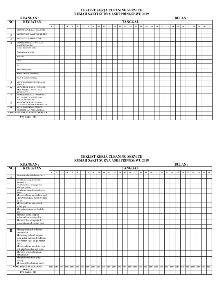 Contoh Ceklis Kerja Cleaning Service | PDF