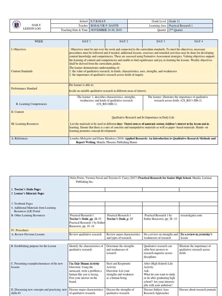Daily Lesson Log Pr1 Week 3 | PDF | Qualitative Research | Learning