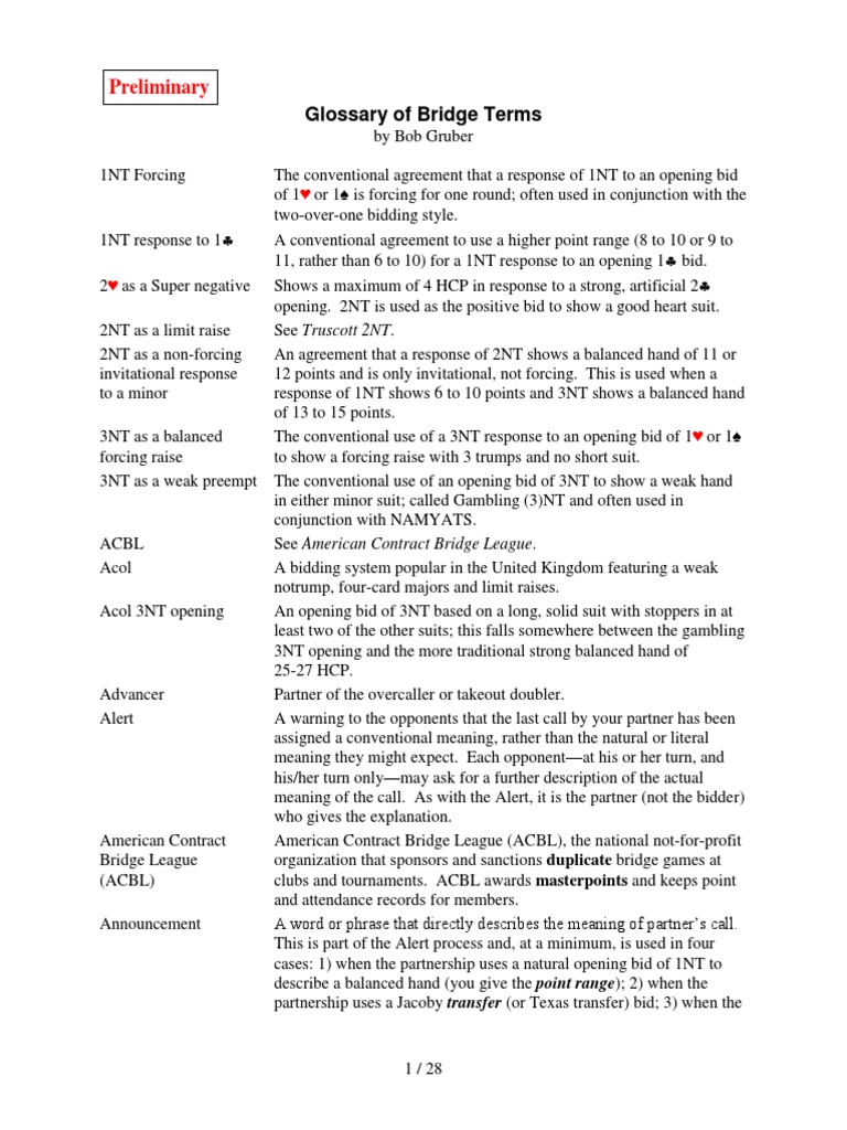 Gruber Glossary of Bridge Terms | PDF | Contract Bridge | Card Games