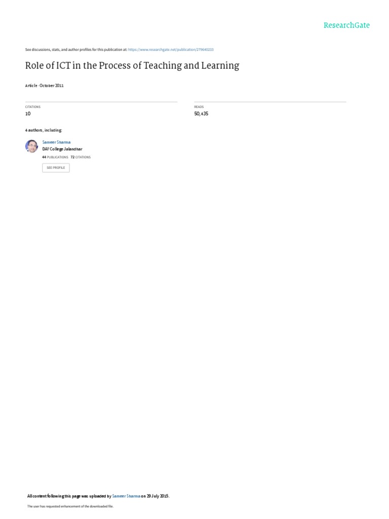 Role of ICT in The Process of Teaching and Learnin | PDF | Educational ...