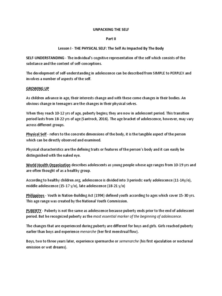 Part II Lesson 1 UNPACKING THE SELF | PDF | Body Image | Adolescence